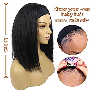 Tgezer Kinky Straight Headband Wigs for Women Synthetic Short Black Yaki Straight Wig with Headbands Attached 16inch Glueless Wig for Daily Party Use