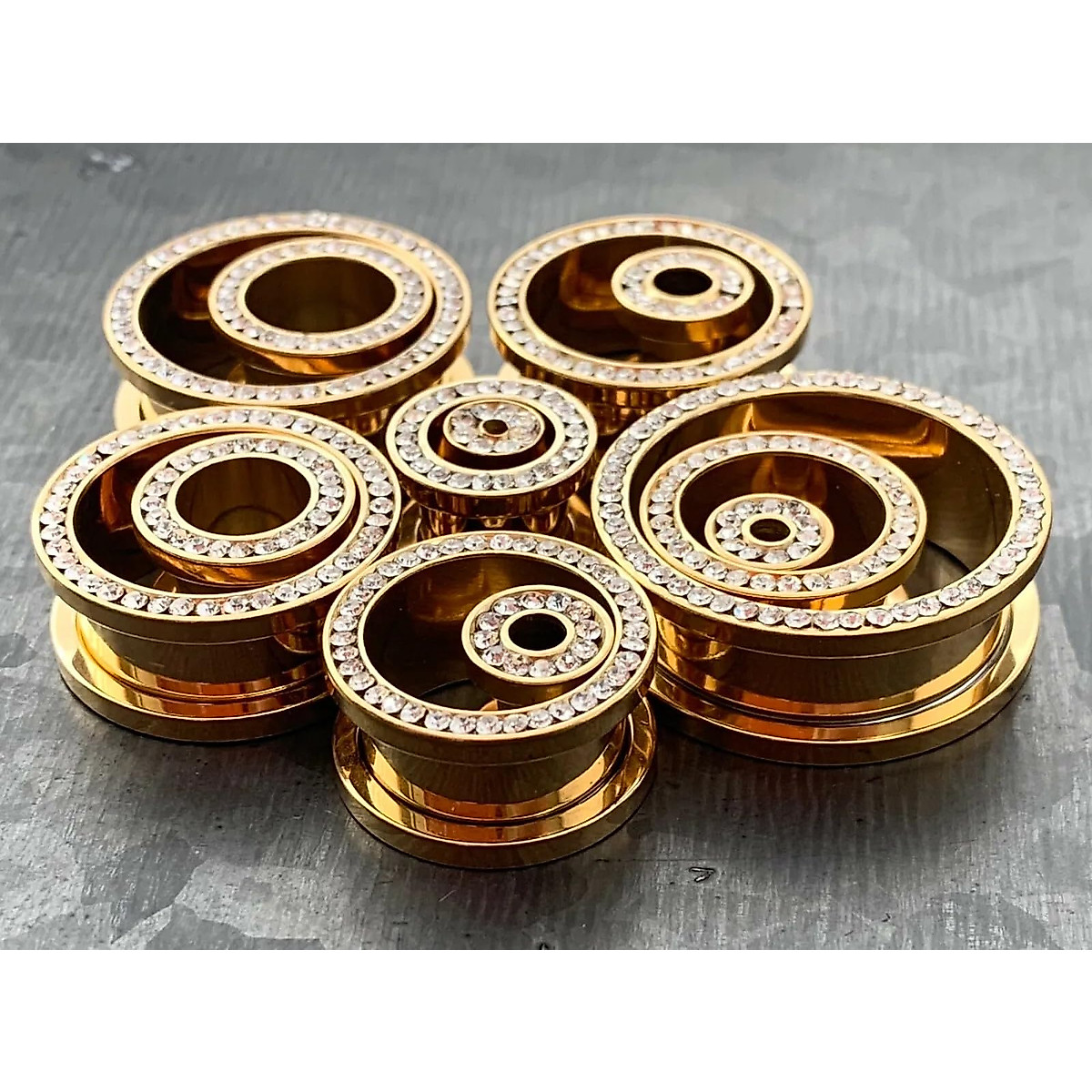 Lobal Domination PAIR of CZ Gem Rimmed Gold Ion Plated Tunnels Plugs Pierced Earlets Gauges (1" (25mm))