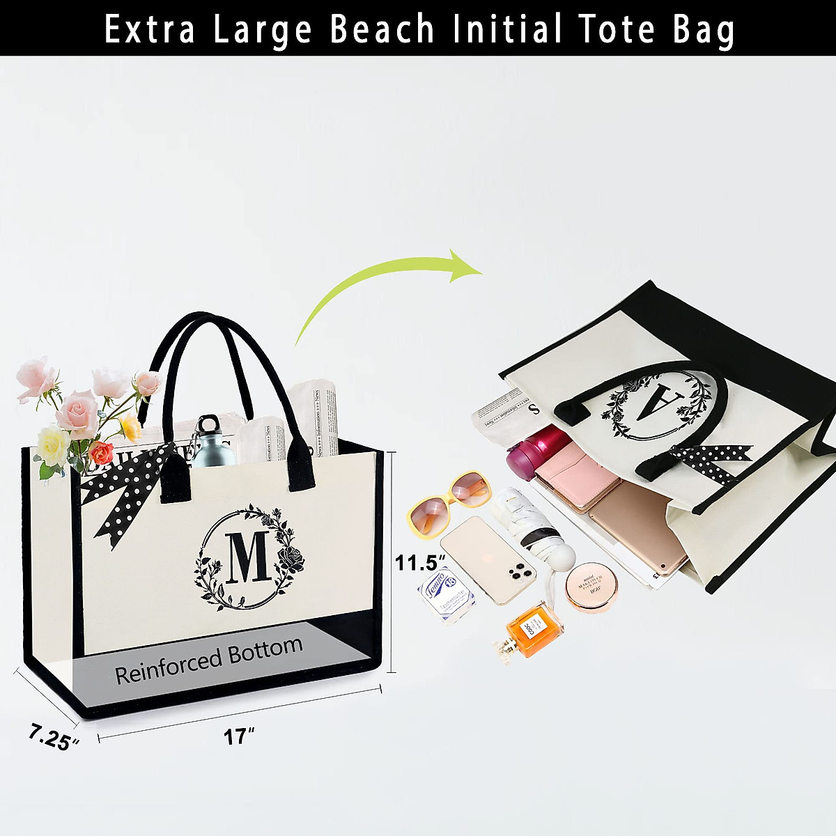 BeeGreen Personalized Gifts for Women - Canvas Tote Bag for Women Initial Beach Tote Bag Gift for Friends Teacher Girlfriend Bridesmaid Mother Monogram Gift Bag for Birthday Bridal Shower Gift C