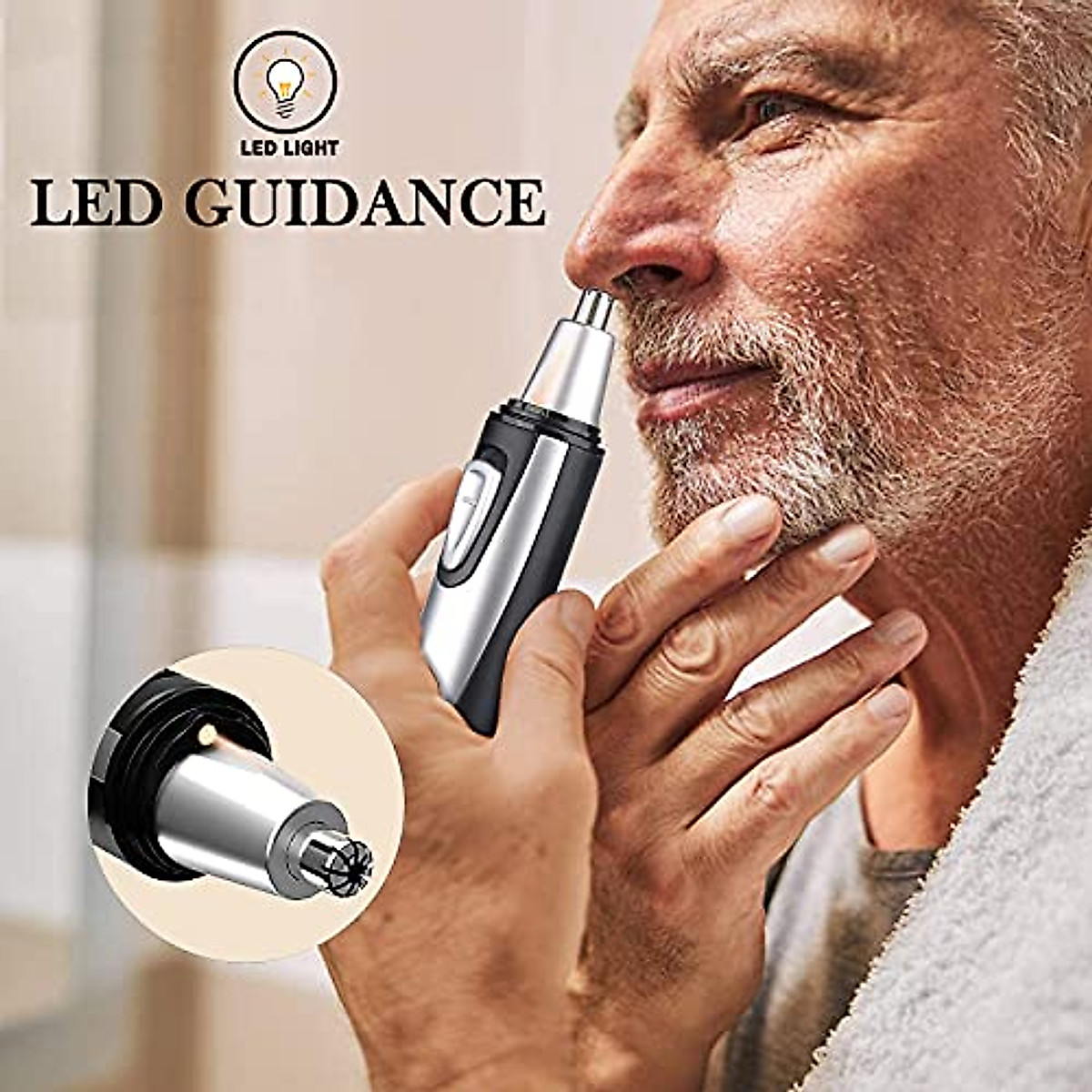BESTRONG Ear and Nose Hair Trimmer - Painless Eyebrow & Facial Hair Trimmer for Men Women, Professional Water Resistant Nose Hair Remover with Dual Edge Blades, Battery-Operated & LED Light