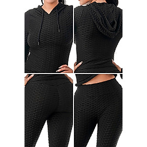 Workout Gym Bodycon Yoga Outfit 2 Piece Hoodie Set Leggings Bodysuit Plus Size (2pc Set: Black, Medium)