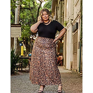 Women's Plus Size Maxi Skirt - Fold Over High Waist Long Skirts, Brown Leopard, 1X