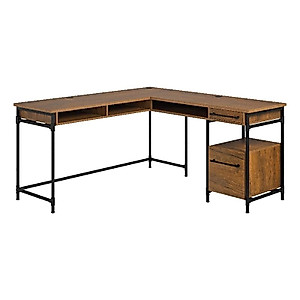 Sauder Iron City Engineered Wood L-Desk in Checked Oak Finish