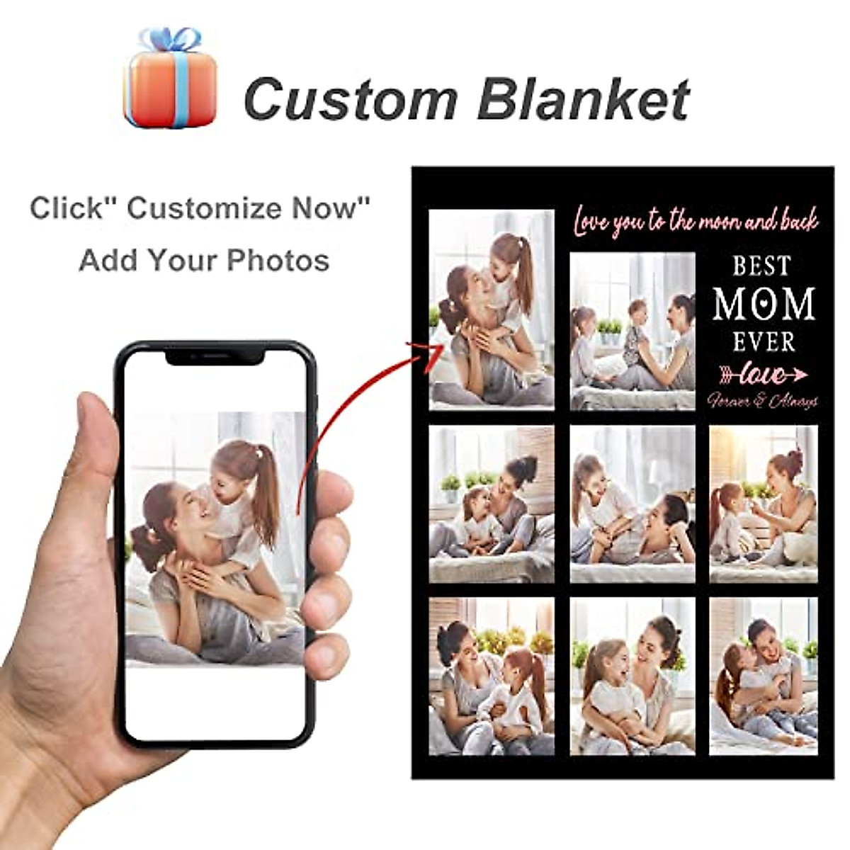 Best Mom Ever Blanket as Gift for Mom, Custom Photo Blanket as Birthday Gifts for Mom from Daughter Son, Personalized Flannel Blankets for Mom with Pictures, Mothers Day Mothers Birthday Gifts