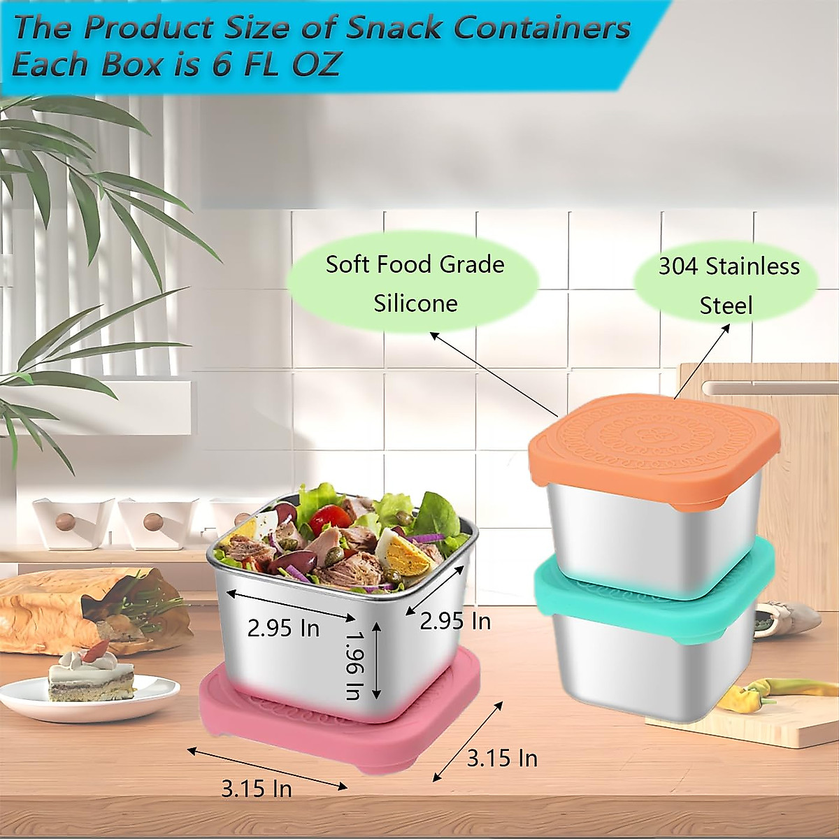 HyStarsigo Set of 3 Stainless Steel Snack Containers for Kids (6oz), Leak Proof Stackable Small Metal Food Containers with Silicone Lids, Stainless Steel Lunch Box for Toddlers and Kids