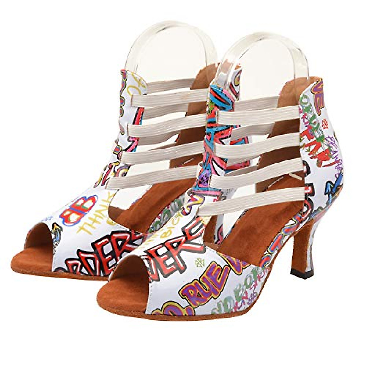 Womens Latin Salsa Dance Shoes 3 Inches Flared Heel Sexy Open Toe Ballroom Party Soft Sole Professional Indoor Dancing Sandals (White, Numeric_12)