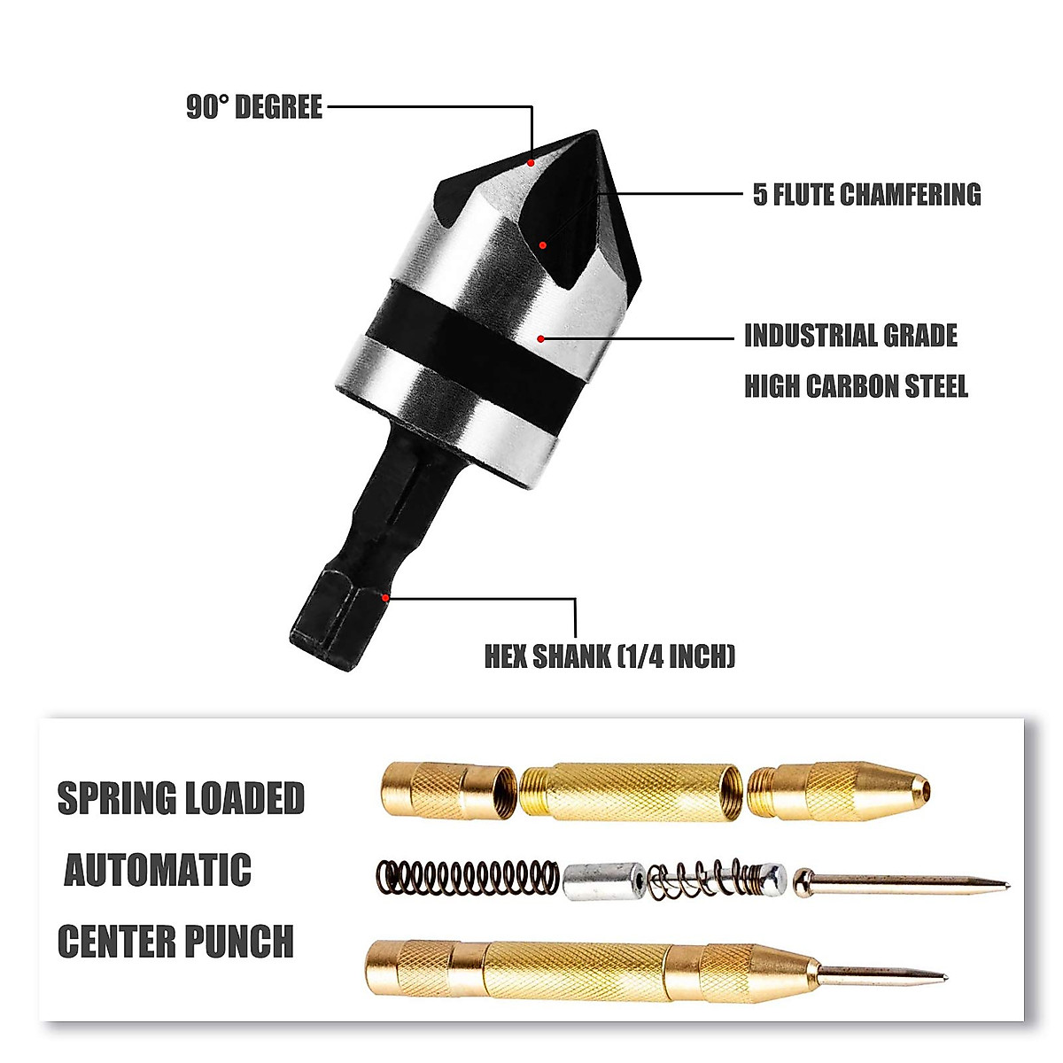 Tomato Palace Countersink Drill Bit Set 3 PCS High Carbon Steel Universal 1/4 inches Hex Shank Countersink Drill Bit Set for Wood + Spring Loaded Automated Center Punch