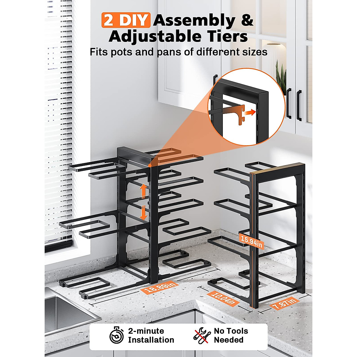 MUDEELA Adjustable 8-Tier Iron Pots and Pans Organizer for Cabinet, Silver, Protective Kitchen Storage