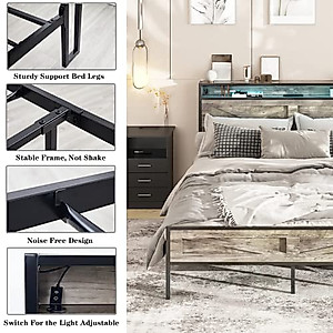 Halitaa LED Full Size Bed Frame with Charging Station, Platform Metal Bed Frame with Headboard Storage & USB Ports Outlets, Farmhouse Bed Frame with Lights for Bedroom, Noise Free, Wash Grey (Full)