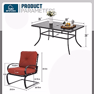 MFSTUDIO 7 Piece Outdoor Patio Dining Set, 6 Spring Motion Cushion Chairs, 1 Rectangular Table with 1.57"-1.9" Adjustable Umbrella Hole, Metal Furniture Sets for Garden, Red