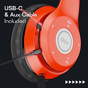 iJoy Wireless Over-Ear Bluetooth Headphones - Wireless and Wired Foldable Headset with Built-in Microphone, FM, Micro SD Card Slot, Touch Controls - Audifonos Auriculares Inalambricos (Red)
