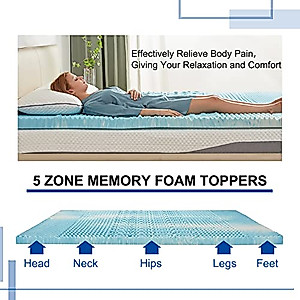 SINWEEK 4 Inch Mattress Topper 5-Zone Memory Foam Mattress Topper Pressure Relieve Soft Mattress Pad, CertiPUR-US Certified, Queen Size Blue