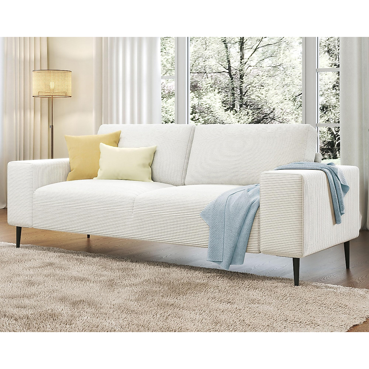 AMERLIFE 89 inch Sofa, Oversized Sofa-Modern Sofa Couch in Corduroy, 3 Seater Sofa for Living Room, White Deep Seat Sofa