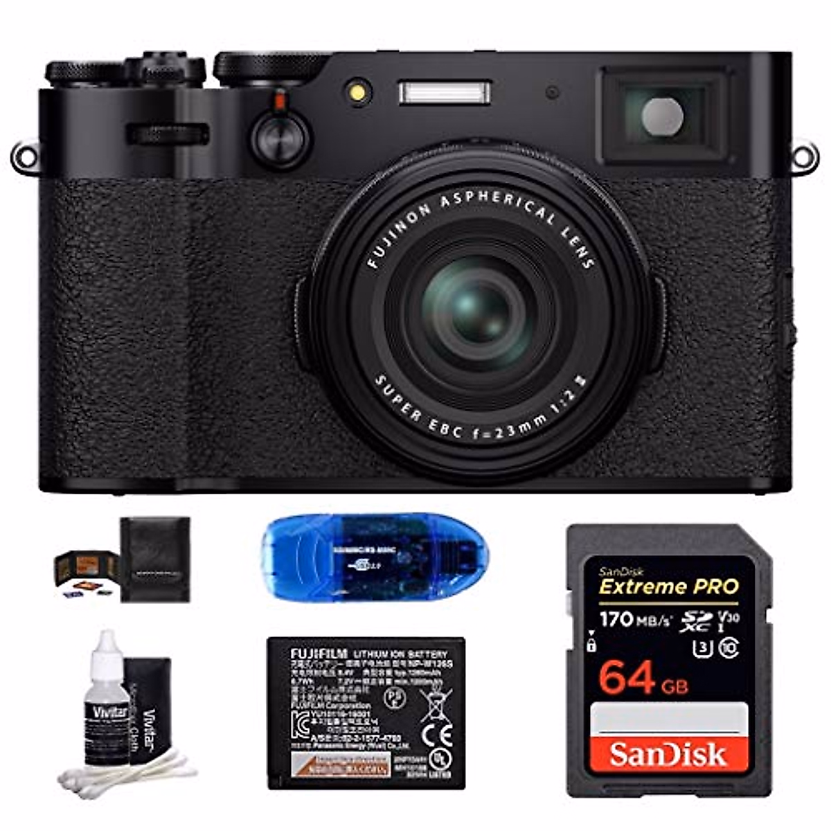 Fujifilm X100V Digital Camera Bundle Includes: SanDisk 64GB Extreme PRO SDXC Memory Card + Spare Fujifilm Battery + More (6 Items) (Black)