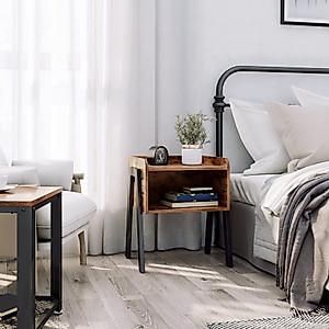 VASAGLE Side Table, End Table, Nightstand with Storage Compartment, Industrial Accent Furniture for Bedroom, Rustic Brown and Black ULET54X