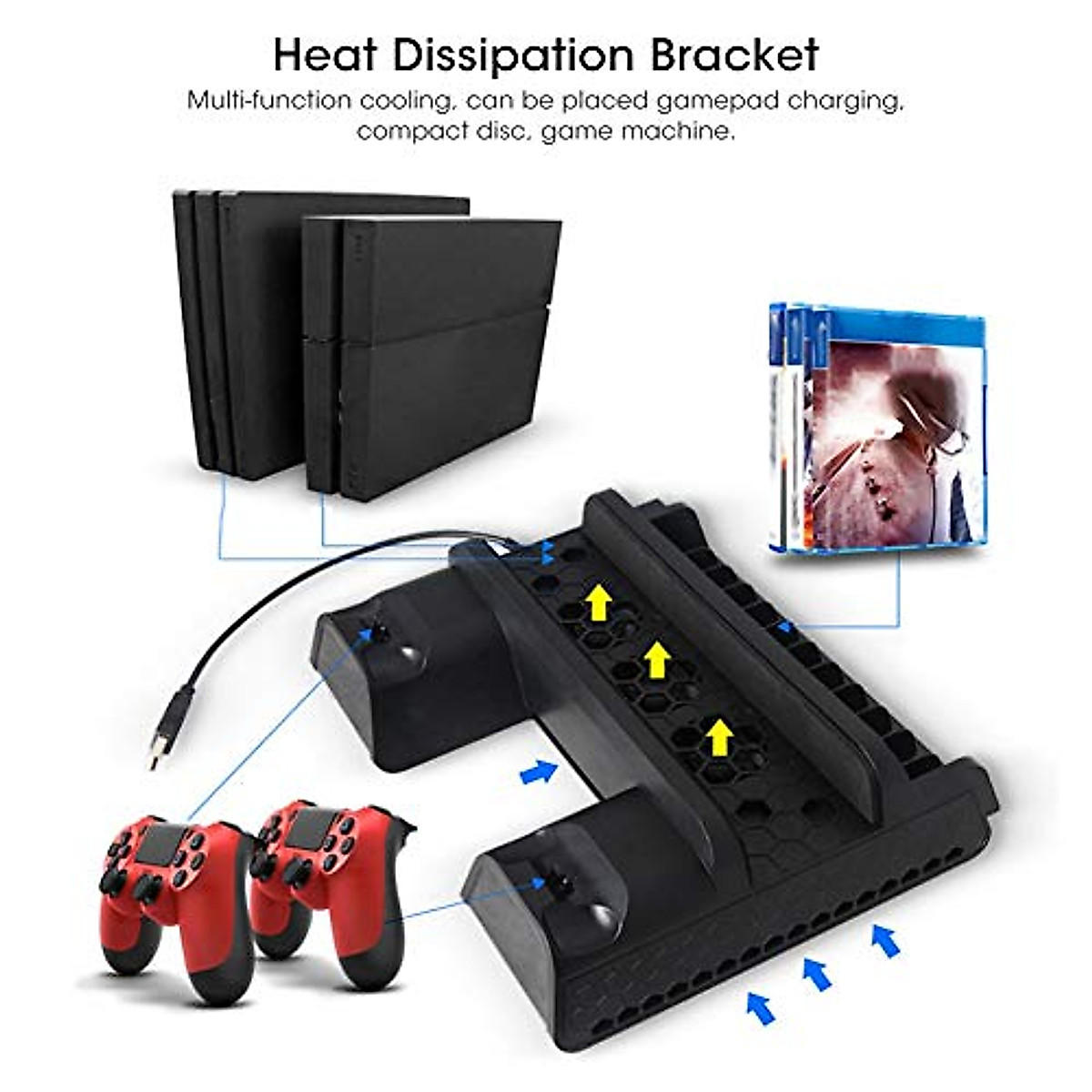Bewinner1 for PS4 Stand Cooling Fan, Multi-Function Cooling Heat Dissipation Bracket Fan Card Rack Game Machine Charging Dock Station for PS4 Handle Gamepad