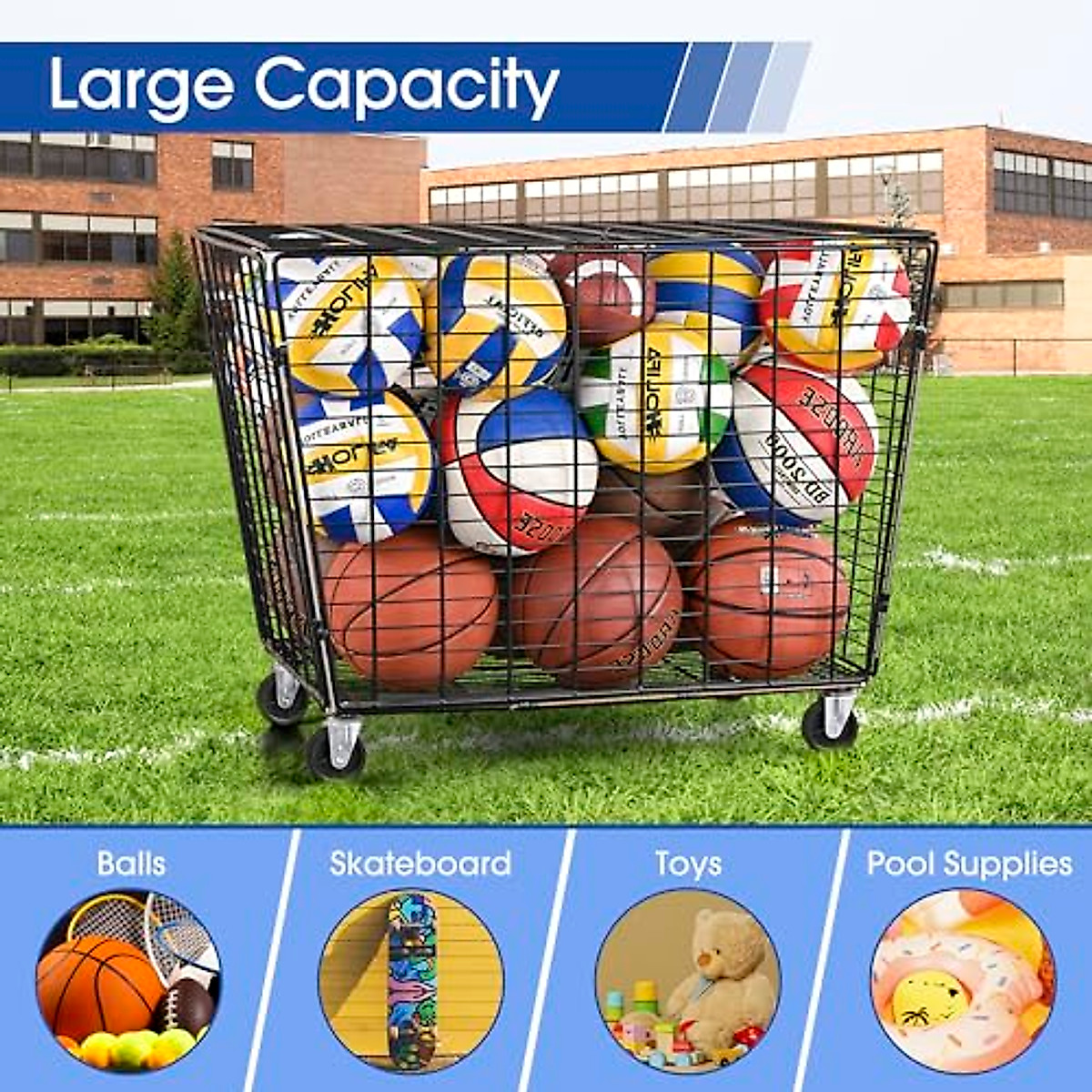 Mythinglogic Rolling Sports Ball Storage Cart, Sports Lockable Ball Storage Locker with Elastic Straps, Stackable Ball Cage for Garage Storage Garage Organizer (Large Set)