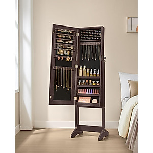 SONGMICS Mirror Jewelry Cabinet Armoire, Standing Full-Length Mirror, Lockable Jewelry Organizer, Gift Idea, Brown Surface and Black Lining UJJC69BR