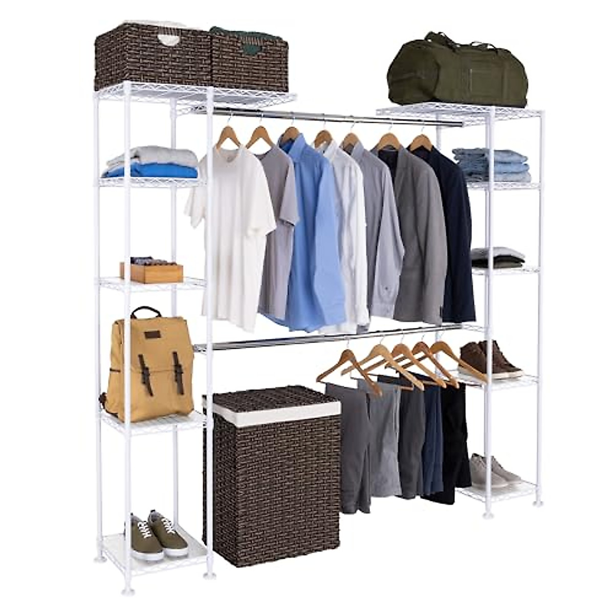 Seville Classics Closet Garment Organizer with Metal Hanging Rod Wardrobe Storage System, w/ Steel Shelves for Clothes, Shirts, Jackets, Coats, Blankets, Shoes, White, Expandable Rack