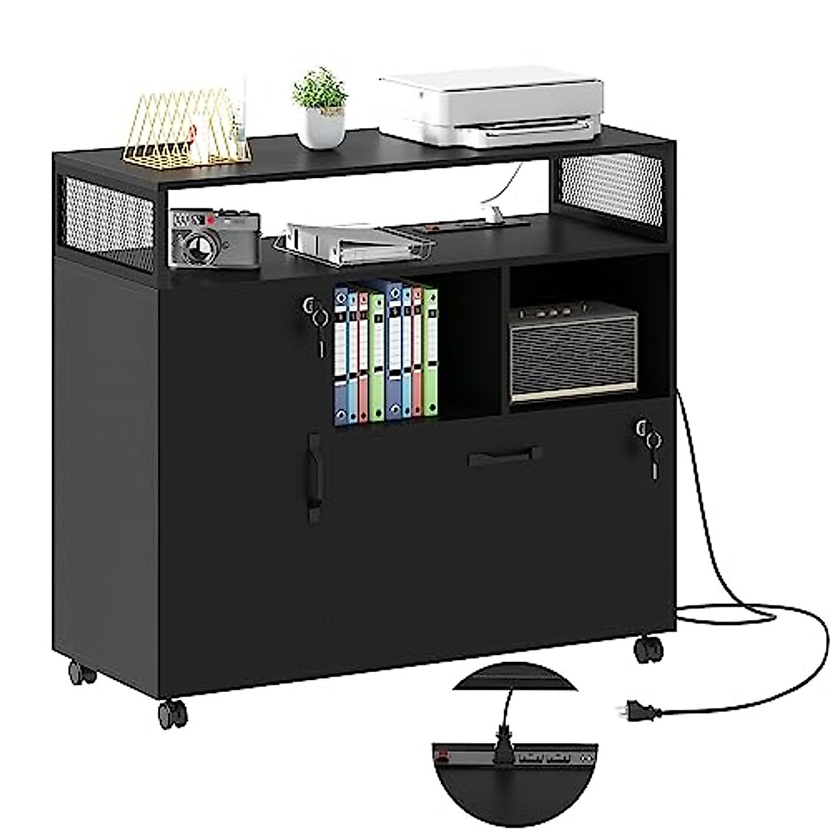 Tcpuolr Lateral File Cabinet with Charging Station, File Cabinet with Lock, Cabinets for Home Office, Mobile Filing Cabinet with Drawer, Printer Stand for A4, Letter Size and File Folders