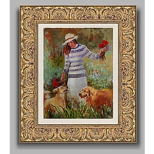 (SOLD) The Puppies and Poppies - female figure and Golden Retrievers by internationally renown painter Yary Dluhos