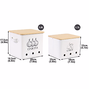Gdfjiy Onion Garlic Storage Bin, Kitchen Vegetable Storage Tin, Set of 2 for Onion & Garlic with Wooden Lid and Aerating Holes, Kitchen Storage Canisters Set, Long Shelf Life - White