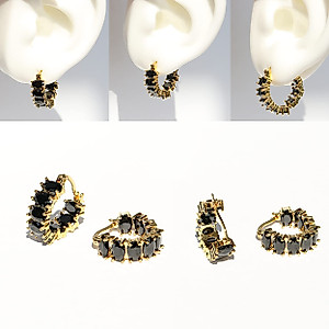 Sonateomber Black Cubic Zirconia Small Hoop Gold Huggie Statement Earrings for Women - Trendy Unique Oval Rhinestone Crystal Hinged Circle Hypoallergenic Fashion Jewelry Gift