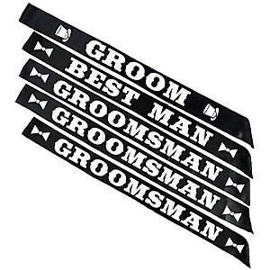 Groom Wedding Party Sash Bundle, Groom (x1), Best Man (x1), Groomsman (x3) Bachelor Bridal Shower Supplies Decorations Favors Gifts Black Sashes White Letters Kit Accessories Decor - Set of 5