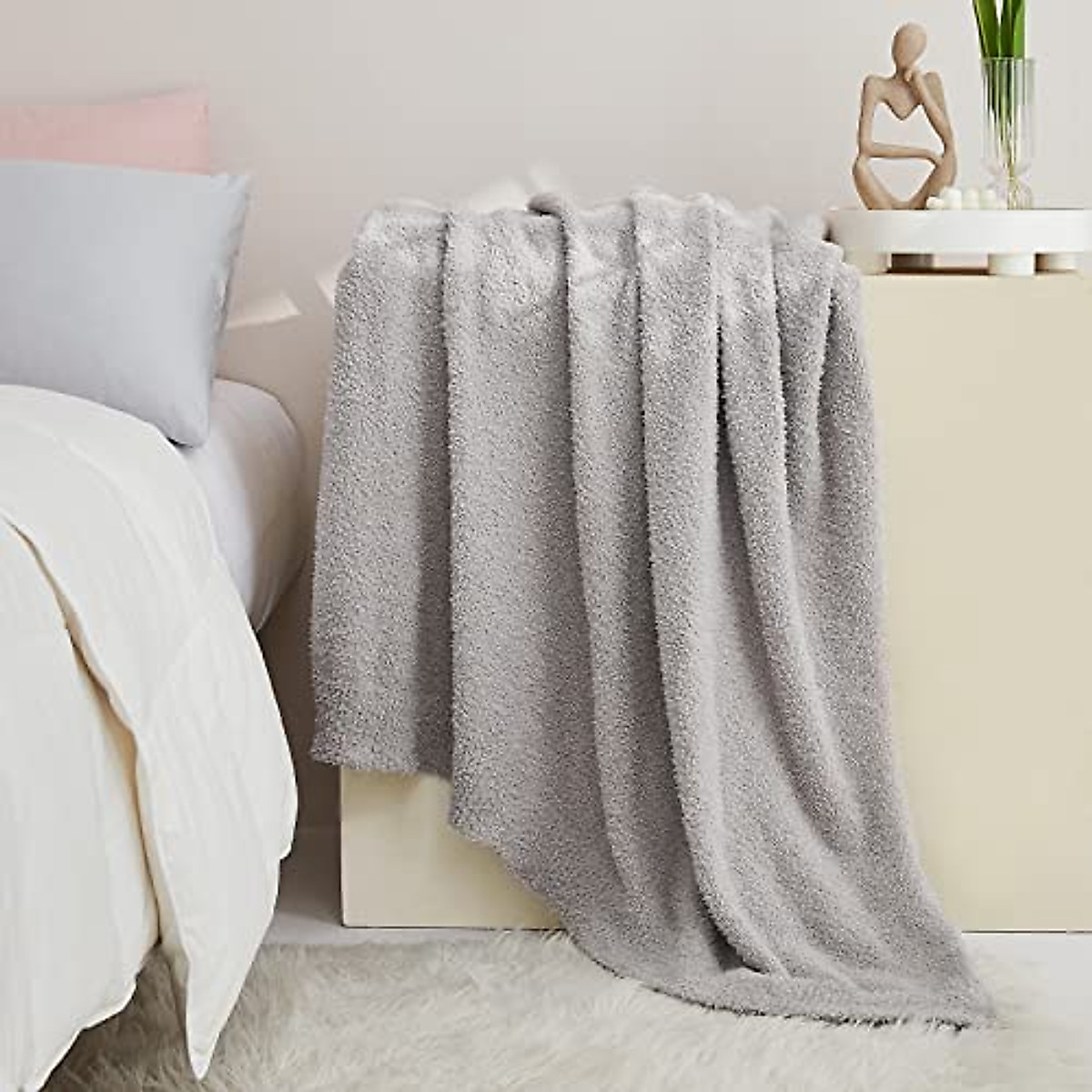 CYMULA Knit Throw Blanket for Couch Light Grey - Super Soft Lightweight Plush Fuzzy Fluffy Warm Cozy Blankets and Throws for Sofa Bed, 50x60 inches