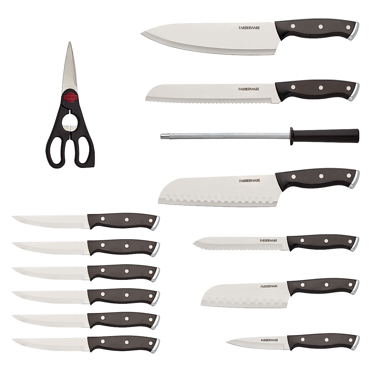 Farberware Triple Riveted Knife Block Set, High Carbon-Stainless Steel Blades Ergonomic Handles, Includes Natural Pinewood, 15 piece, Black Pine