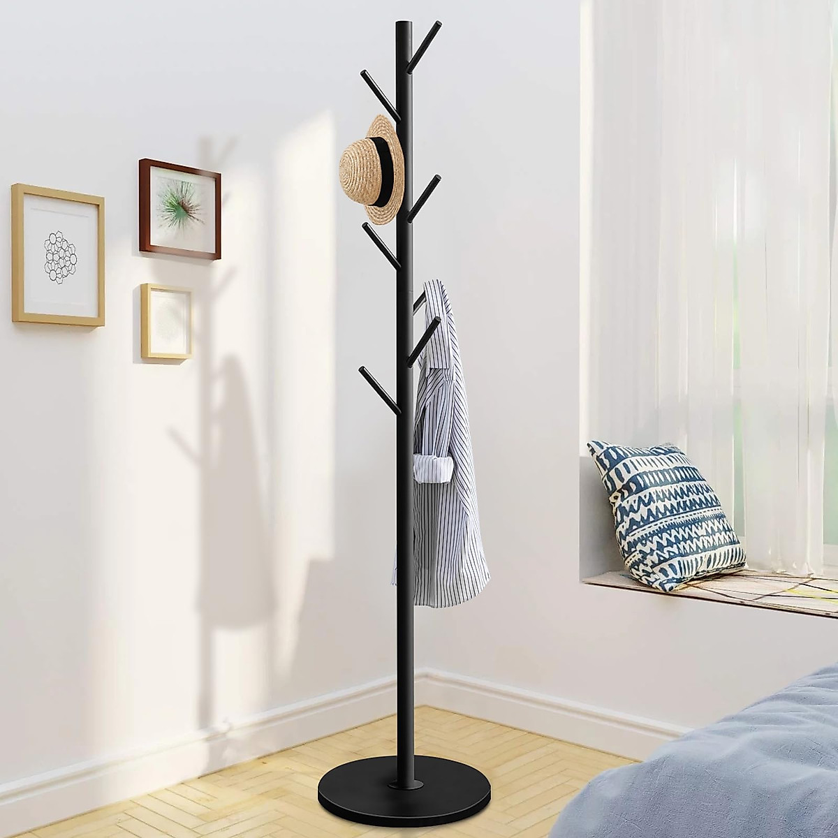 Tenkovic Metal Coat Rack Freestanding Satin Steel With Stable Marble Base,High-Grade With 8 Hooks Metal Coat Hat,Hall Tree for Hanging Clothes, Bags, Hats, Bedroom(Black)