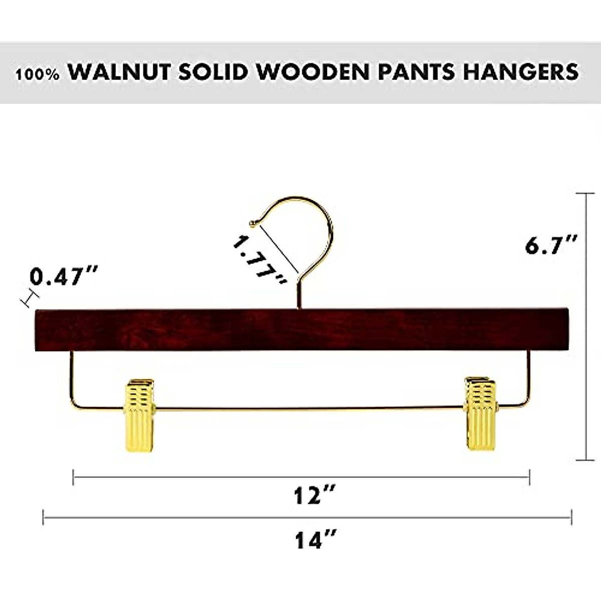 HUMIA 28 Pack Walnut Wooden Pants Hangers with Gold Hook, Solid Wood Skirt Hanger Trousers Bottom Hangers with 2 Adjustable Gold Clips, Clothes Hanger for Jeans, Shorts, Slacks (Walnut, 28)