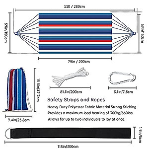 Double Cotton Hammock 2 Person Brazilian Fabric Hammock with Tree Straps Metal Carabiner Ropes and Carrying Bag for Garden Patio Backyard Outdoor/Indoor