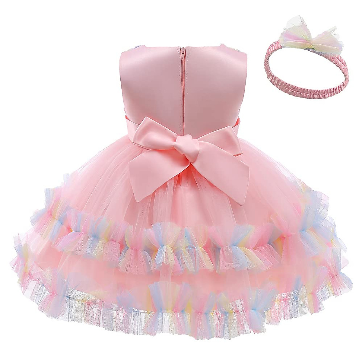 AVAZU 3M-6T 3D Colorful Flower Toddler Baby Girls Wedding Pageant Layered Dresses Wedding Birthday Party Tutu Gown with Headwear Light Pink 110