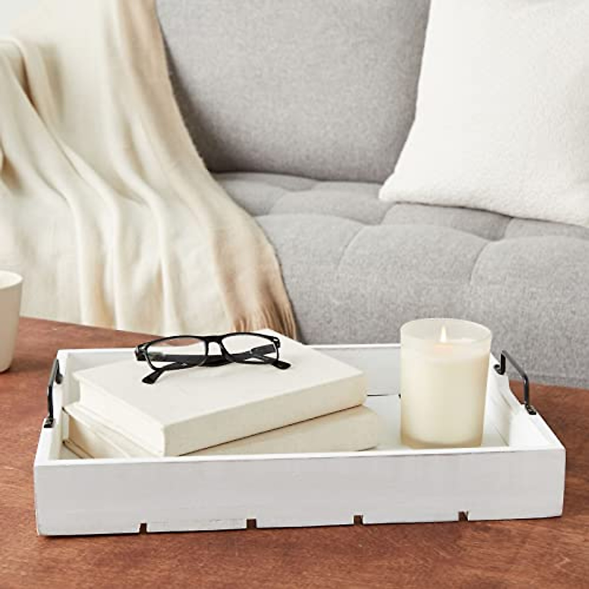 Rustic Wooden Serving Tray with Metal Handles for Coffee Table, Farmhouse Home Decor (White, 16.3 x 11.6 x 3.25 in)