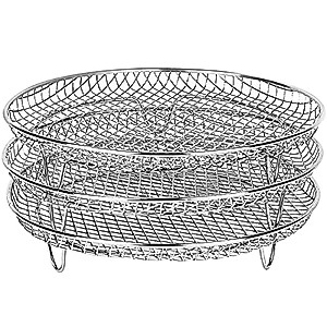 3 Layer Air Fryer Three Stackable Dehydrator Racks 304 Stainless Steel Air Fryer Basket Tray Air Fryer Accessories Dishwasher Safe Fit for Oven and Press Cooker Compatible with Most Air Fryer (Round)