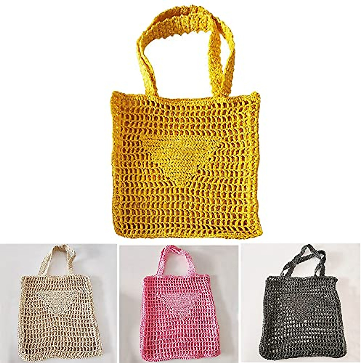 Weiwu Handmade Straw Bag,Travel Beach Fishing Mesh Bag, Straw Woven Bag Female Pastoral Style Weaving Hollow Shoulder Bag (Beige - With lining bag)