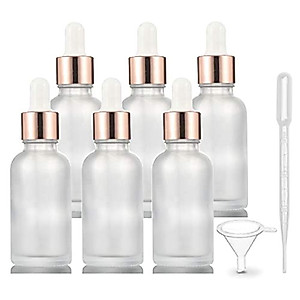 6 Pack,Frosted Glass Essential Oil Dropper Bottle,Empty Glass Liquid Container Holder With Glass Eye Dropper,Rose-Golden Caps Travel Perfume Cosmetic Container-Pipette&Funnel included (30ml/1 Ounce)