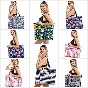 Women Beach Tote Utility Bag with Zipper, Black Stripe Foldable Cute Large Swim pool Waterproof Bag for Travel, Gym, yoga, Mom in Law Female Friend Sister Wife Girlfriend Good Gift