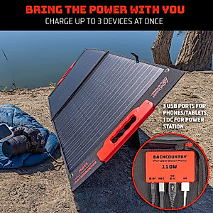 Backcountry Portable Solar Panels, 110W or 60W - IP65 Water Resistant Solar Charger with 3 USB Ports for Phones and DC Out for Power Stations