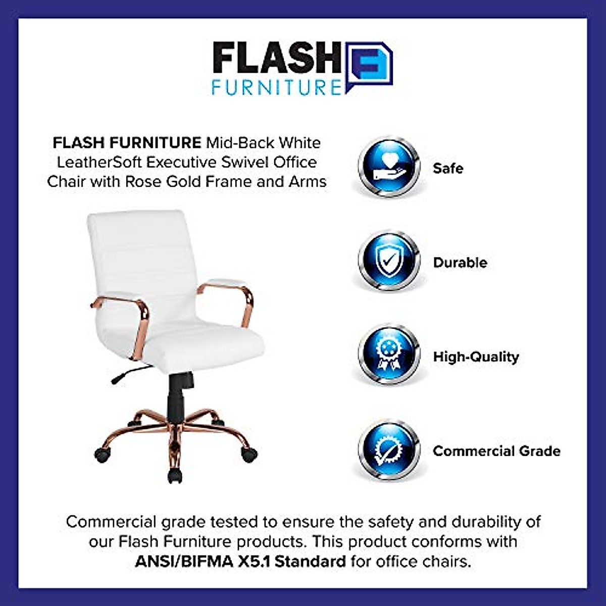 Flash Furniture Whitney Mid-Back Desk Chair - White LeatherSoft Executive Swivel Office Chair with Rose Gold Frame - Swivel Arm Chair