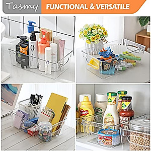 Tasmy Clear Plastic Pantry Organization and Food Storage Bin, Stackable Storage Box with Handle for Refrigerator, Kitchen, Countertops, Cupboard and Freezer Organization, BPA Free, Medium - Set of 6