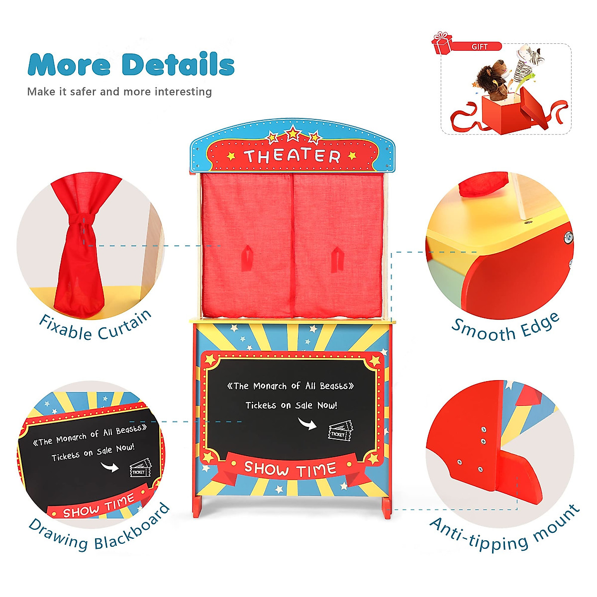 Rundad Wooden Puppet Theater Bonus 2 Hand Puppet, Double-Sided Lemonade Stand & Puppet Show Theater for Kids, Wood Deluxe Children Puppet Theatre Toy with Chalkboard
