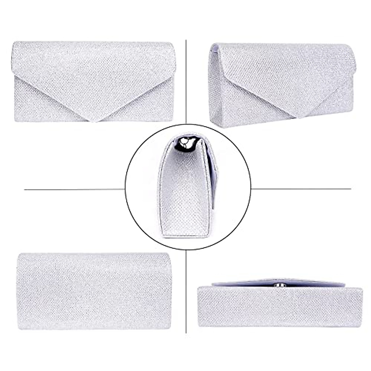 Larcenciel Silver Clutch Purses for Women Evening, Sparkly Envelope Clutch Evening Bag w/Chain, Elegant Crossbody Shoulder Handbag, Shiny Party Prom Purse Bride Wedding Guest Clutch Dress Carry on Bag