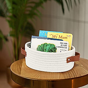 ABenkle Small Woven Basket, Mini Cotton Rope Storage Basket, Tiny White Basket, Shelf Basket, Oval Decorative Toy Dog Cat Basket for Nursery, Kids Room, Empty Gift Basket Baby Basket, 10" x 6" x 4" XS