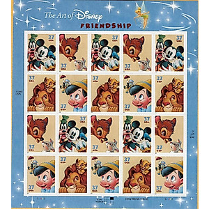 USPS The Art of Disney Friendship, (Goofy, Mickey Mouse, Donald Duck, Bambi, Thumper, Mufasa, Simba, Jiminy Cricket, Pinocchio) (Sheet of 20) 37 Cent Postage Stamps 2004 Scott #3865-3868