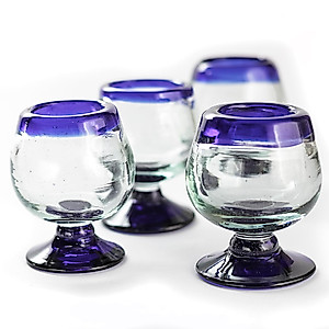 MEXTEQUIL - Authentic Mexican Tequila Hand Blown Shot Glasses - Set of 4-2 oz - Mini Glass Snifters - Heavy Base - Cognac (Cobalt Blue Rim)
