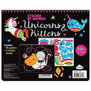 Sticker by Number Unicorns, Kittens, & More For Kids: 15 Pictures Include Kitten, Unicorn, Narwhal, Penguin, Owl, Flamingo and more!