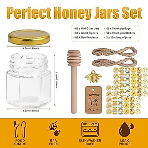 60 Pack Mini Honey Jars 1.5 Oz Glass Honey Jars with Wooden Dippers,Bee Charms,Thank You Cards,Jutes And Stickers, Hexagon Small Honey Jars with Dipper Party Favors in Bulk For Baby Shower Favors Wedd