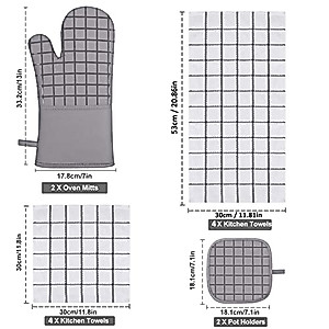Oven Mitts and Pot Holders Set with Kitchen Towels and Dishcloths, 500 Degree Heat Resistant Oven Gloves and Hot Pads, Premium Soft Cotton Kitchen Hand Towels and Dish Cloth Sets Hanging Loop Gray